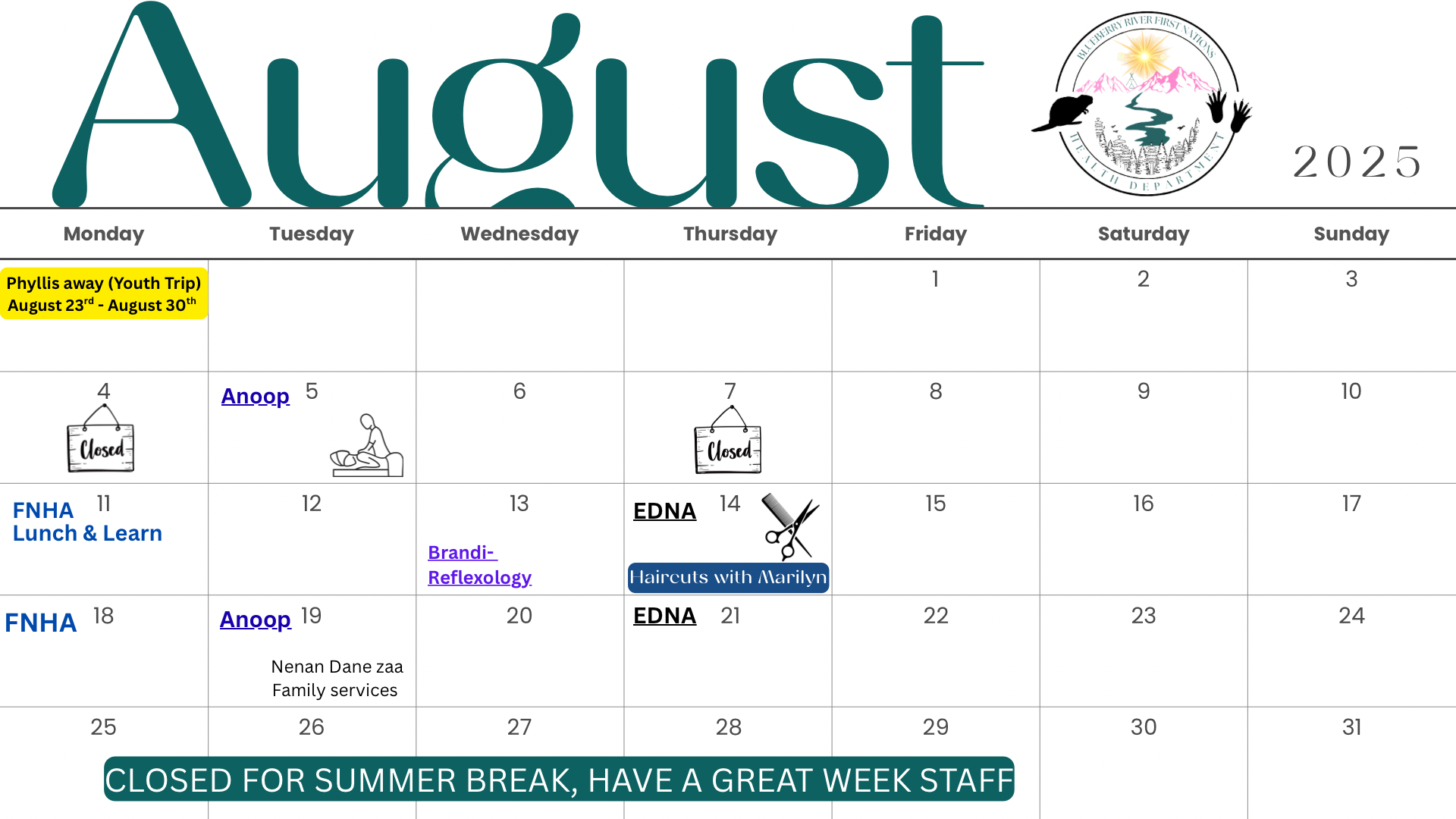 Health Calendar August 2025 - Blueberry River First Nations