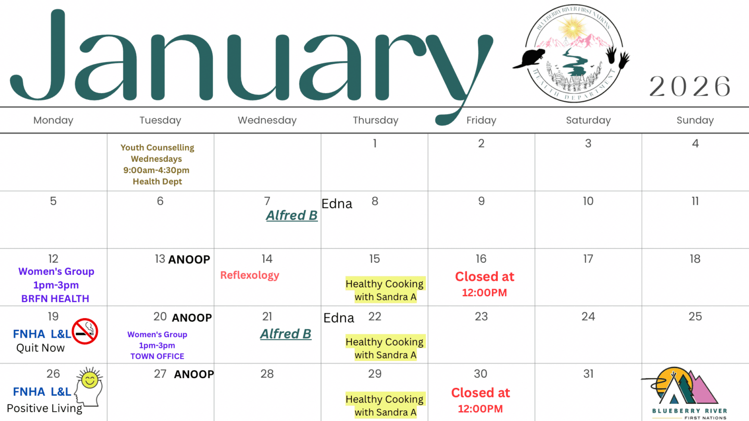 January Health Calendar 2026 - Blueberry River First Nations